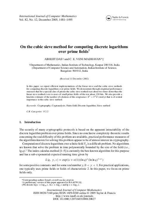 (PDF) On the cubic sieve method for computing discrete logarithms over prime fields