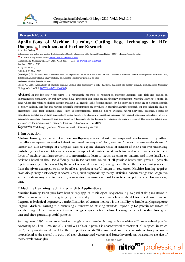 Pdf Applications Of Machine Learning Cutting Edge Technology In Hiv