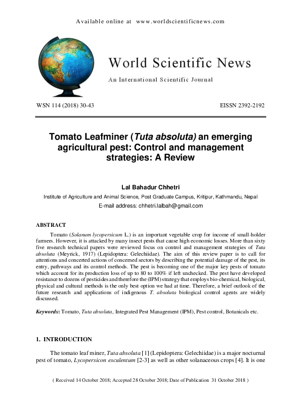 (PDF) Tomato Leafminer (Tuta absoluta) an emerging agricultural pest: Control and management ...