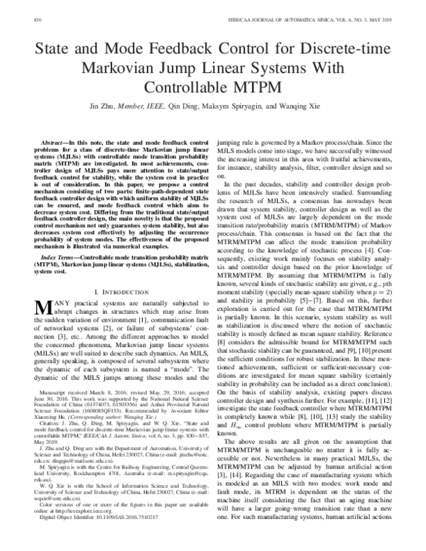 Pdf State And Mode Feedback Control For Discrete Time Markovian Jump