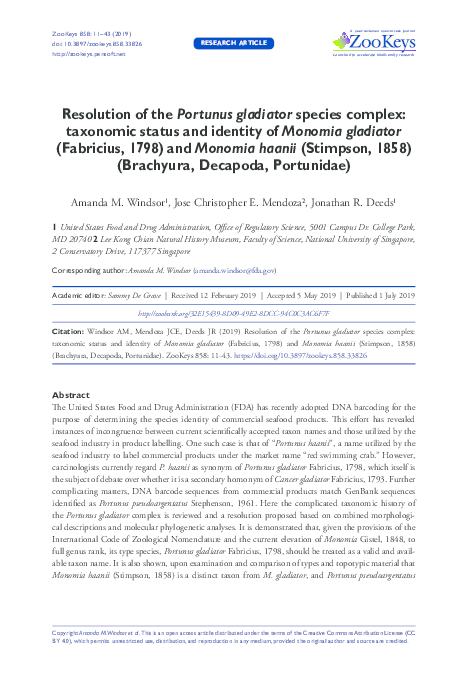 (PDF) Resolution of the Portunus gladiator species complex: taxonomic ...