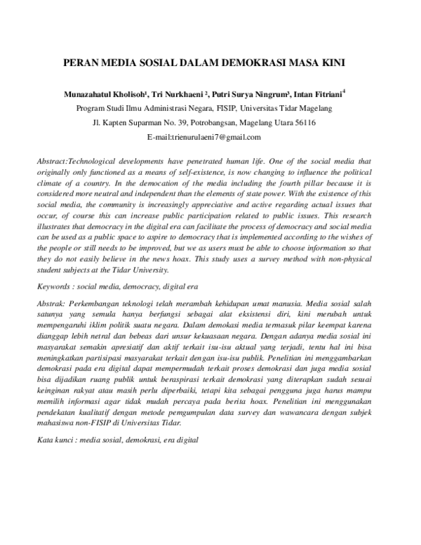 (PDF) PERAN MEDIA SOSIAL DALAM DEMOKRASI MASA KINI