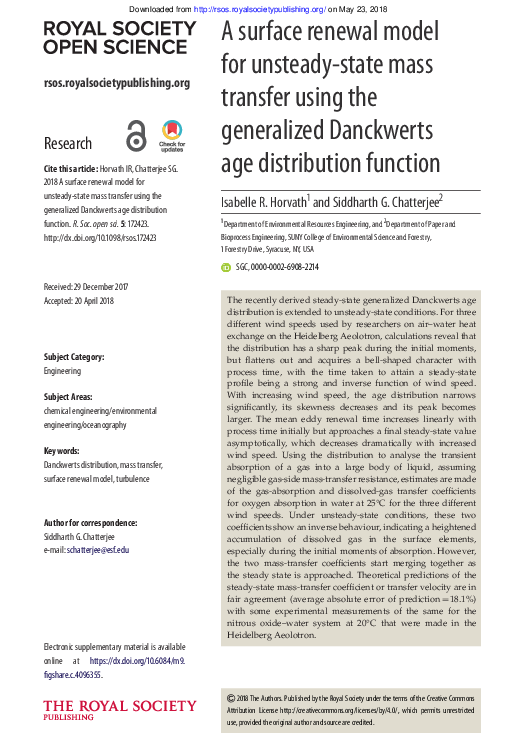 (PDF) A surface renewal model for unsteady-state mass transfer using ...