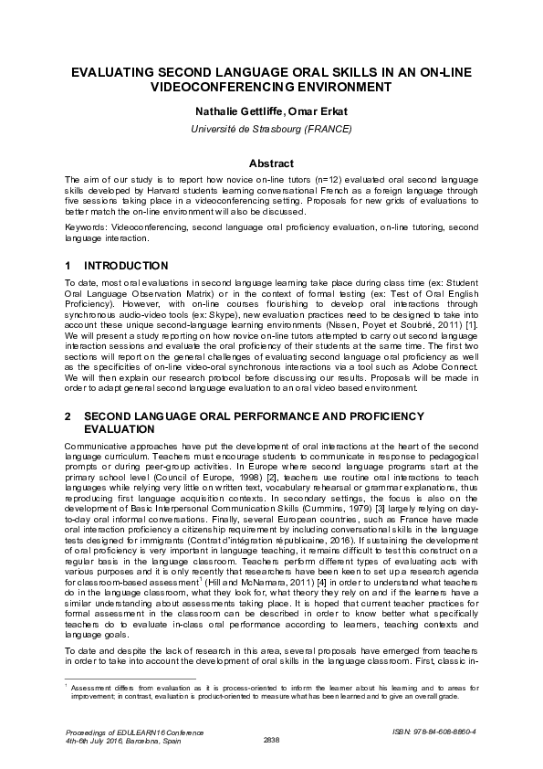 (PDF) EVALUATING SECOND LANGUAGE ORAL SKILLS IN AN ON-LINE VIDEOCONFERENCING ENVIRONMENT