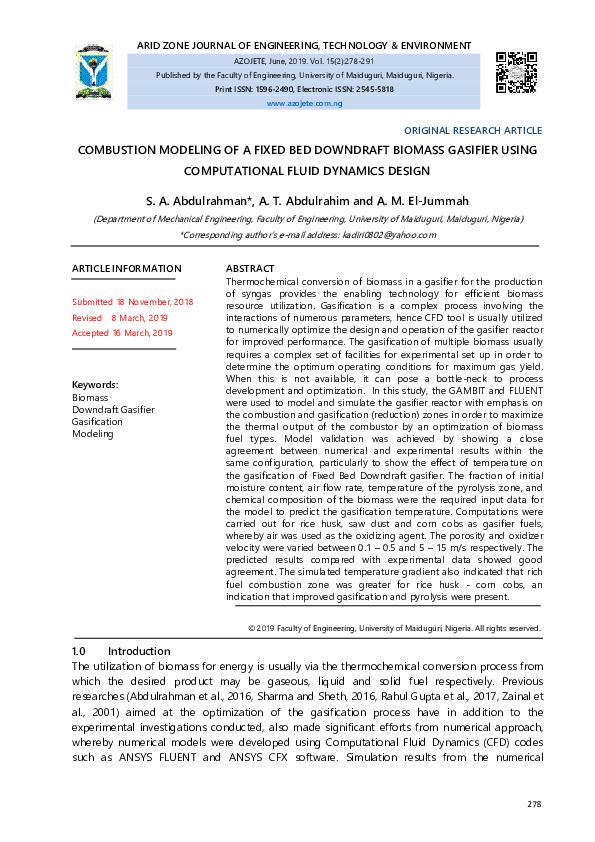 (PDF) COMBUSTION MODELING OF A FIXED BED DOWNDRAFT BIOMASS GASIFIER USING COMPUTATIONAL FLUID ...
