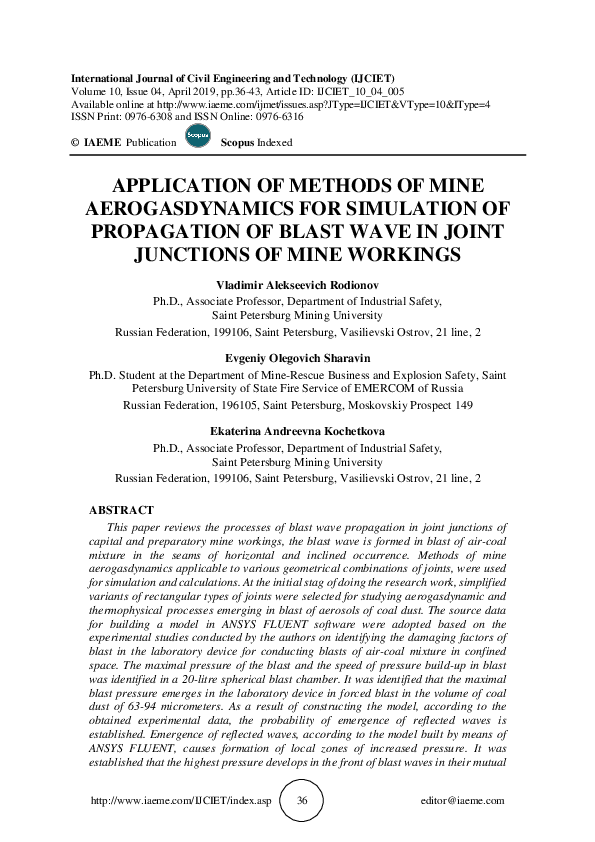 Pdf Application Of Methods Of Mine Aerogasdynamics For Simulation Of Propagation Of Blast Wave