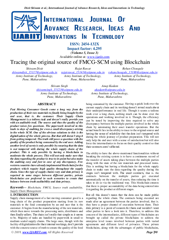 (PDF) Tracing the original source of FMCG-SCM using Blockchain