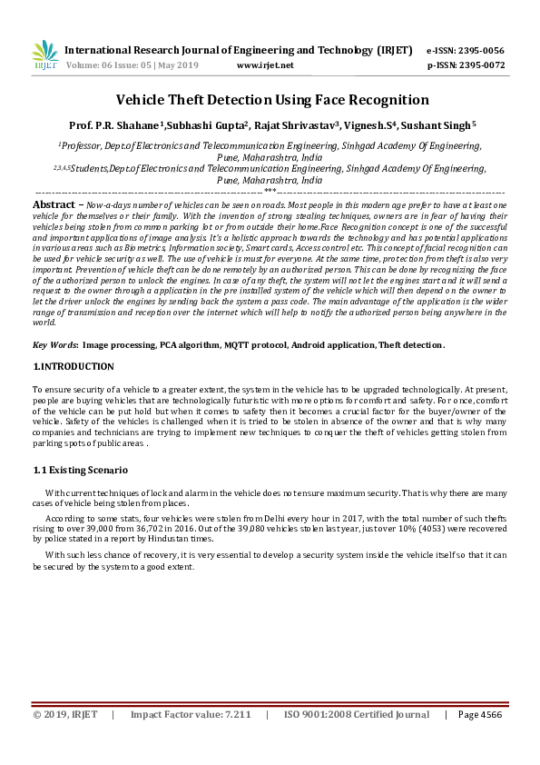 Pdf Irjet Vehicle Theft Detection Using Face Recognition