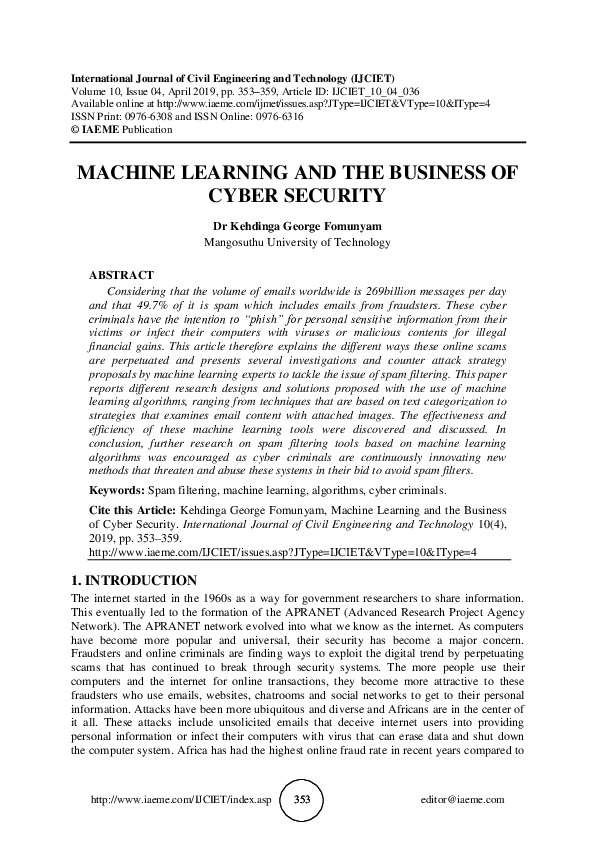 Pdf Machine Learning And The Business Of Cyber Security