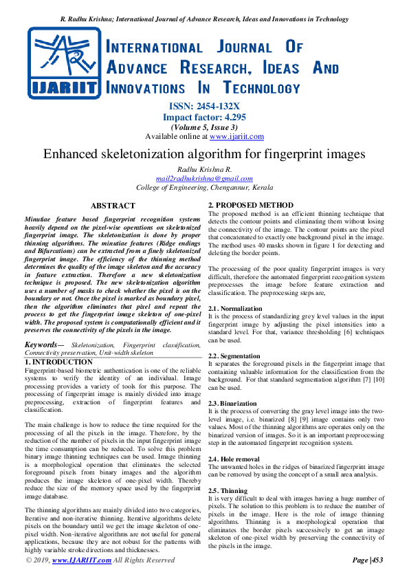 Pdf Enhanced Skeletonization Algorithm For Fingerprint Images Ijariit Journal