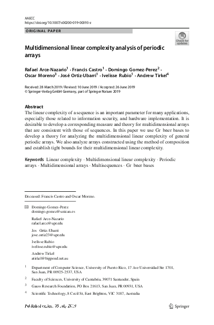 Pdf Multidimensional Linear Complexity Analysis Of Periodic Arrays Andrew Tirkel