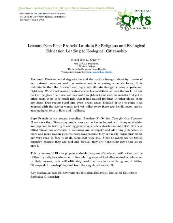 (PDF) Lessons from Pope Francis Laudato Si Religious and Ecological ...