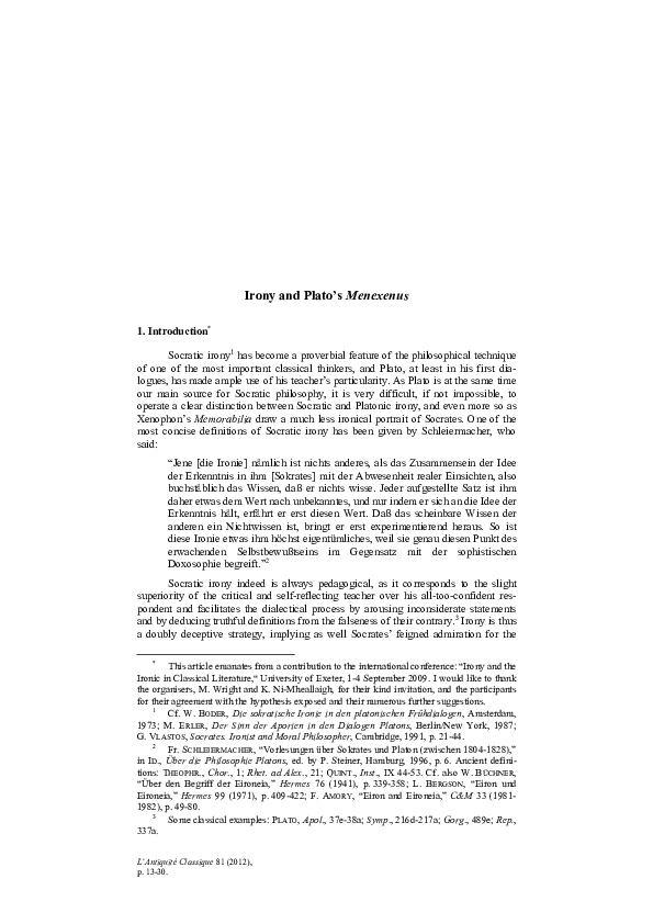 (PDF) Irony and Plato's Menexenus, in: Antiquité Classique 81, 2012, 13-30.