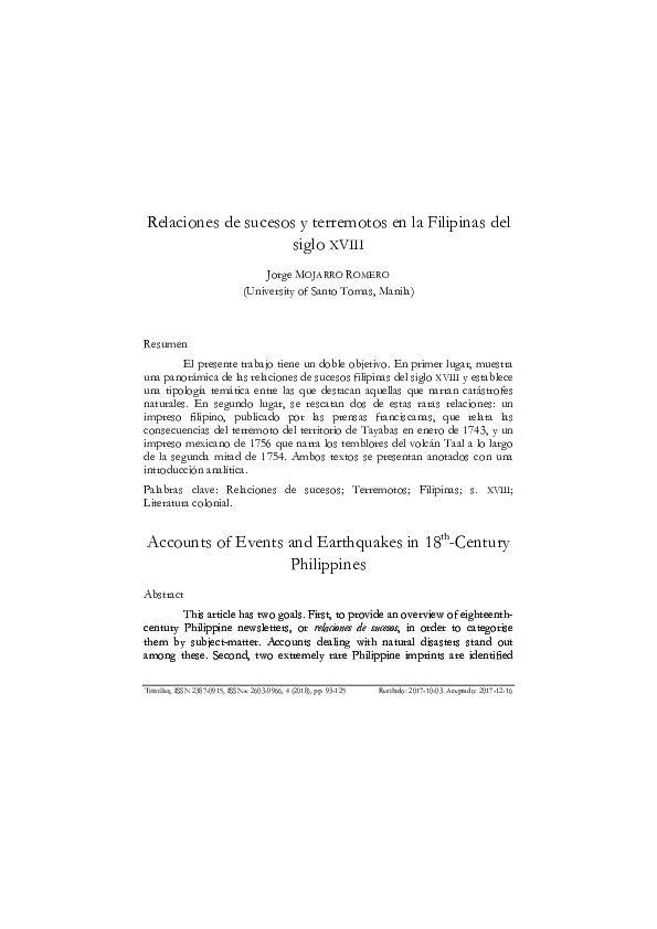 (PDF) Jorge MOJARRO ROMERO. Relaciones de sucesos y terremotos en la ...