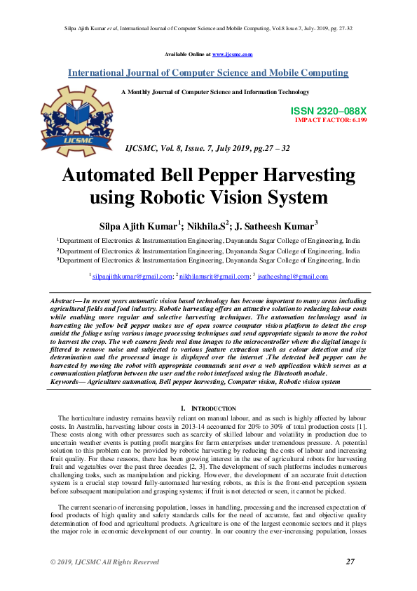 (PDF) Automated Bell Pepper Harvesting using Robotic Vision System﻿