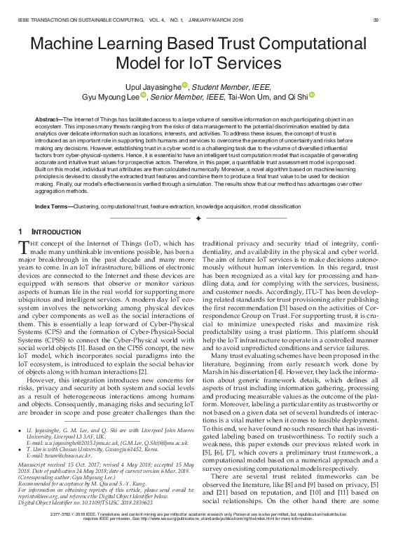 Pdf Machine Learning Based Trust Computational Model For Iot Services