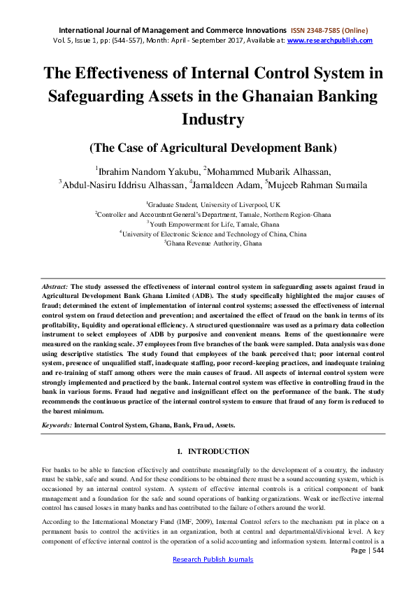 (PDF) The Effectiveness of Internal Control System in Safeguarding ...