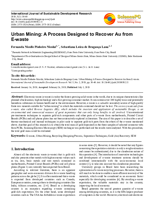 (PDF) Urban Mining: A Process Designed to Recover Au from E-waste