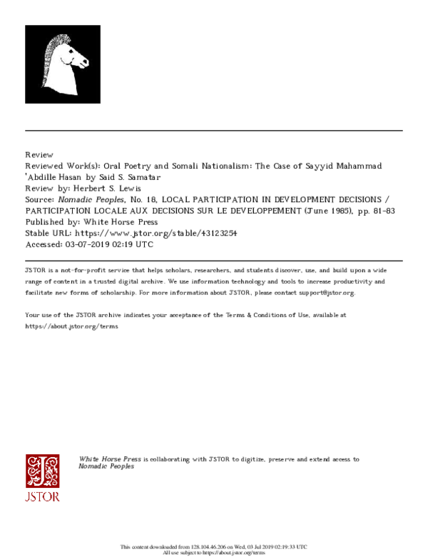 Rev. - Said Samatar, Oral Poetry and Nationalism: The Case of Sayyid ...