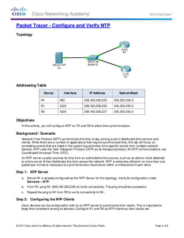(PDF) Packet Tracer -Configure and Verify NTP Topology Addressing Table