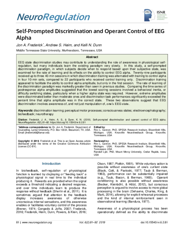 (PDF) Self-prompted discrimination and operant control of EEG alpha ...