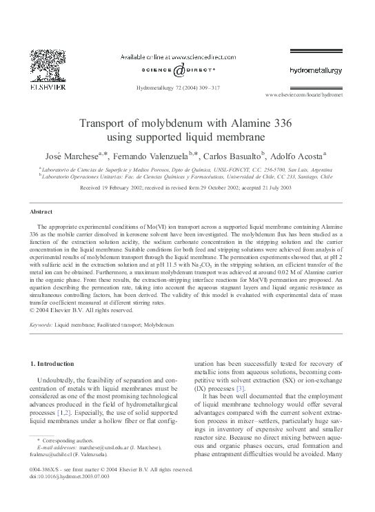 (PDF) Transport of molybdenum with Alamine 336 using supported liquid ...