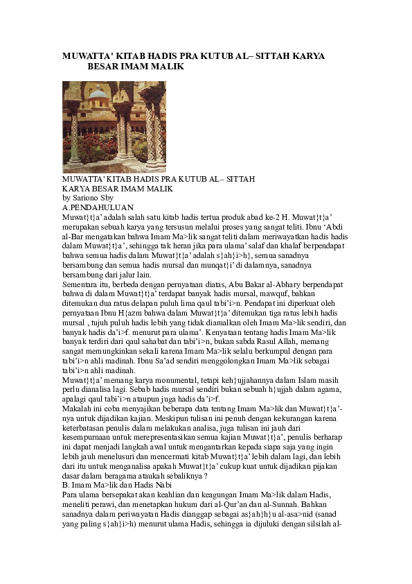 (DOC) MUWATTA' KITAB HADIS PRA KUTUB AL-SITTAH KARYA BESAR IMAM MALIK ...
