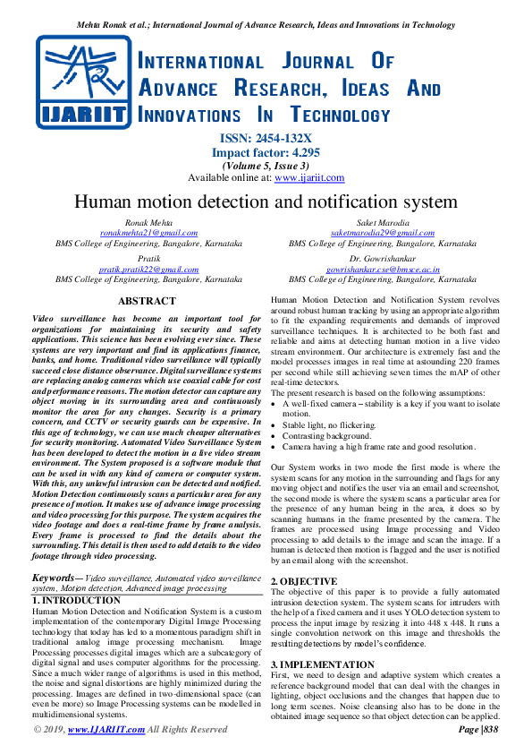 PDF Human Motion Detection And Notification System Ijariit Journal PDF Human Motion Detection And Notification System Ijariit Journal