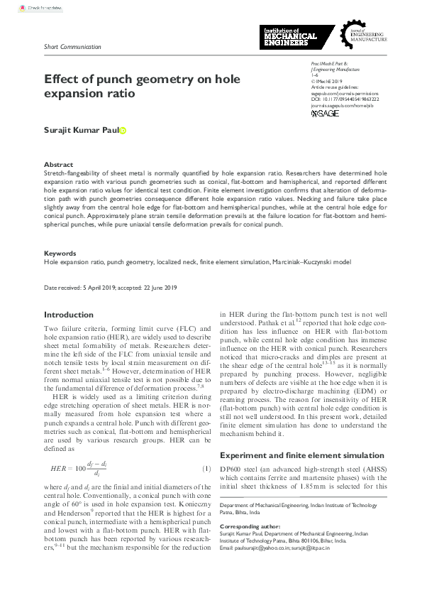 (PDF) Effect of punch geometry on hole expansion ratio