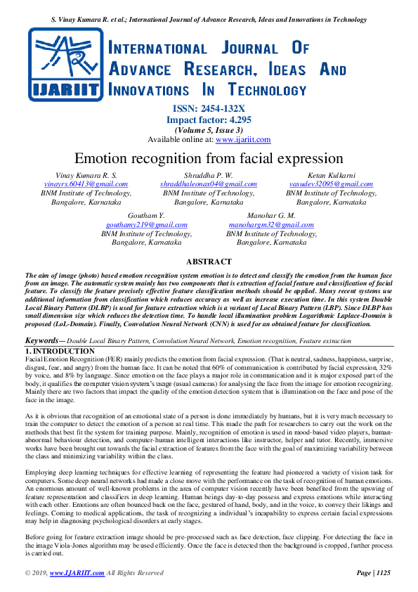 Pdf Emotion Recognition From Facial Expression