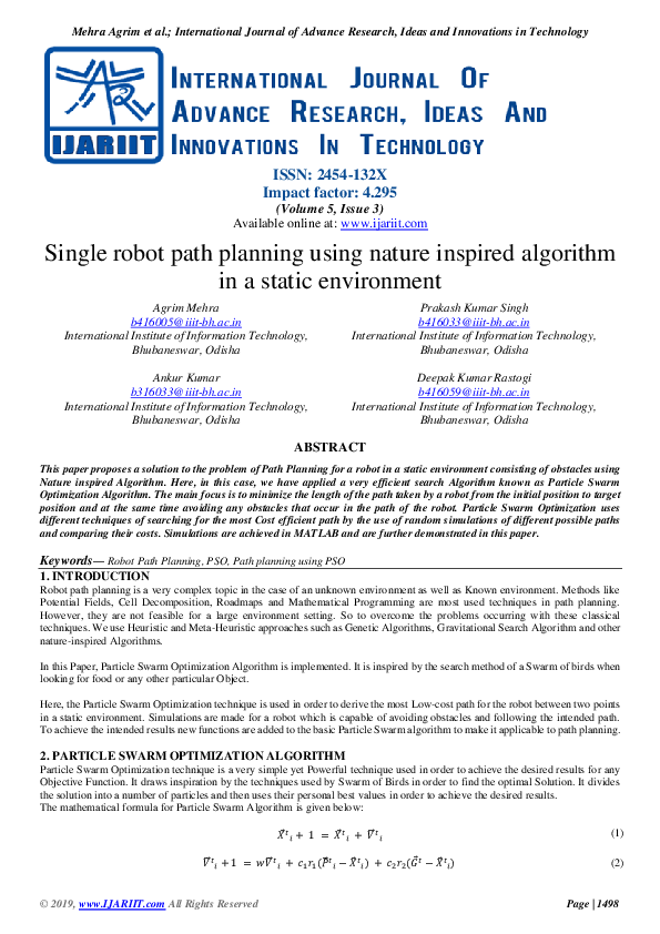 Pdf Single Robot Path Planning Using Nature Inspired Algorithm In A Static Environment