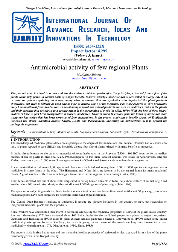 (PDF) Antimicrobial activity of few regional Plants