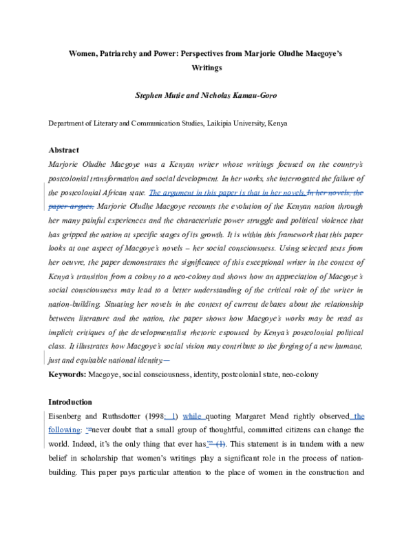 (DOC) Women, Patriarchy and Power: Perspectives from Marjorie Oludhe ...