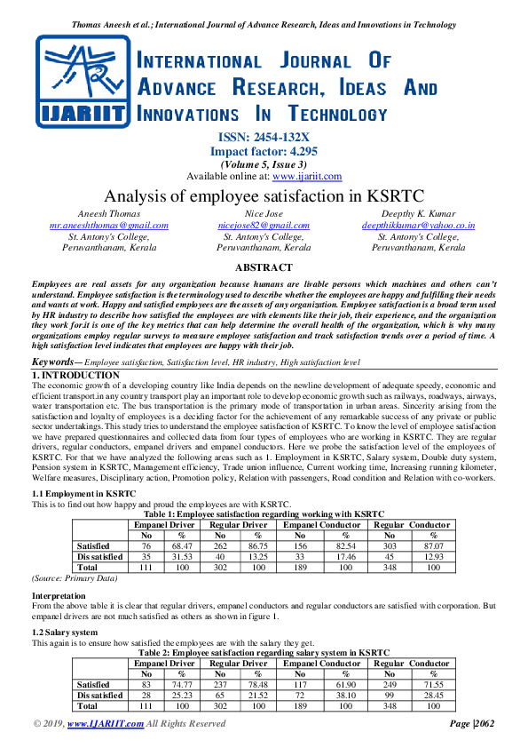 (PDF) Analysis of employee satisfaction in KSRTC
