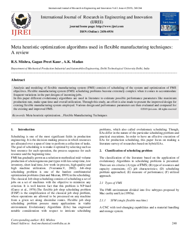 Pdf Meta Heuristic Optimization Algorithms Used In Flexible Manufacturing Techniques A Review 