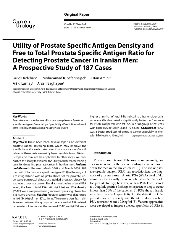 (PDF) Utility of Prostate Specific Antigen Density and Free to Total ...
