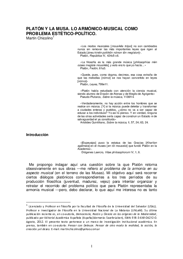 (PDF) (2012) Martín Chicolino. Platón y la Musa. Lo armónico-musical ...