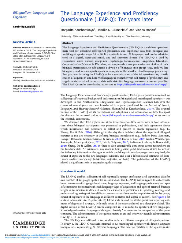 (PDF) The Language Experience and Proficiency Questionnaire (LEAP-Q ...