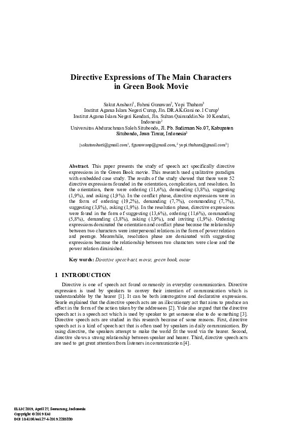 (PDF) Directive Expressions of The Main Characters in Green Book Movie