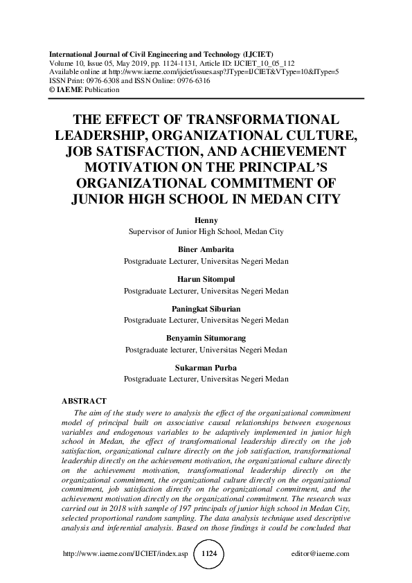 (PDF) THE EFFECT OF TRANSFORMATIONAL LEADERSHIP, ORGANIZATIONAL CULTURE, JOB SATISFACTION, AND ...