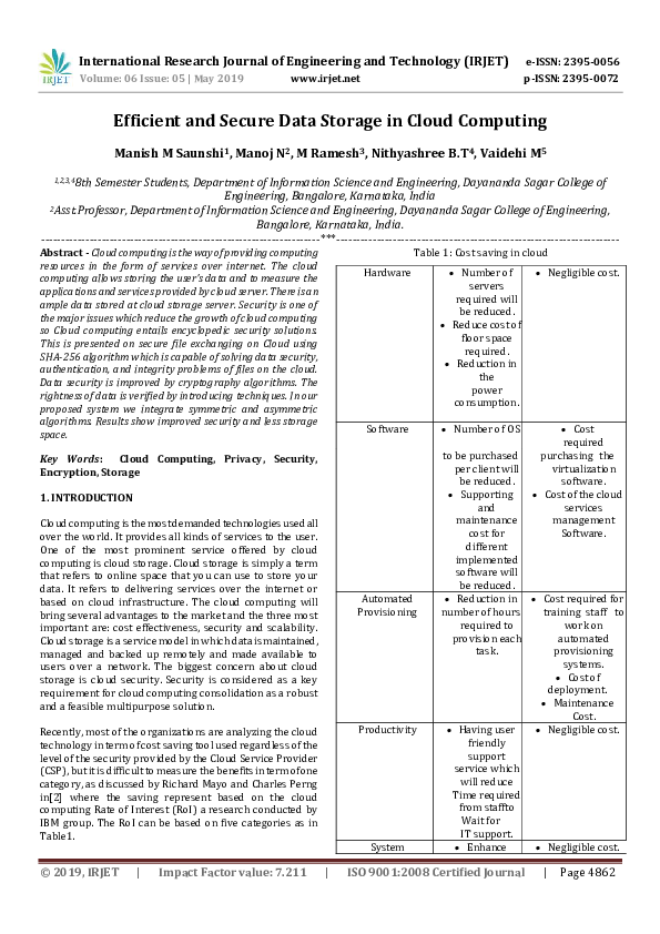 (PDF) IRJET- Efficient and Secure Data Storage in Cloud Computing