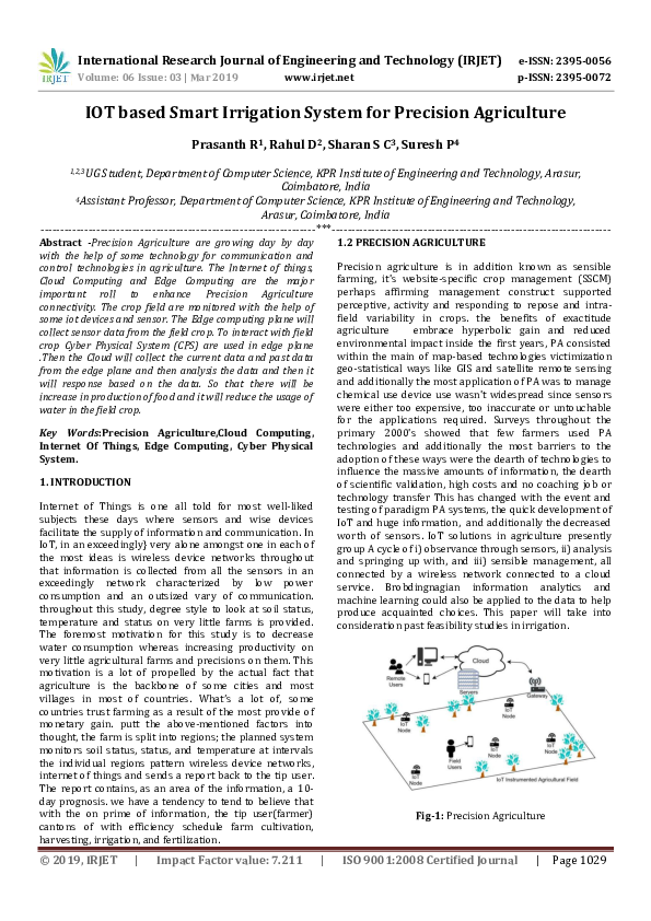 (PDF) IRJET- IOT based Smart Irrigation System for Precision Agriculture (PDF) IRJET- IOT based Smart Irrigation System for Precision Agriculture