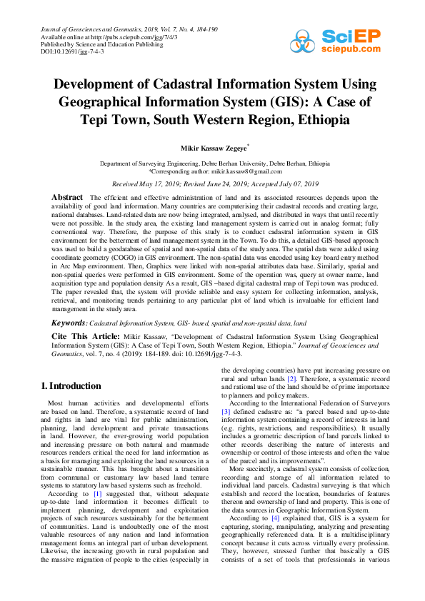 Pdf Development Of Cadastral Information System Using Geographical Information System Gis A