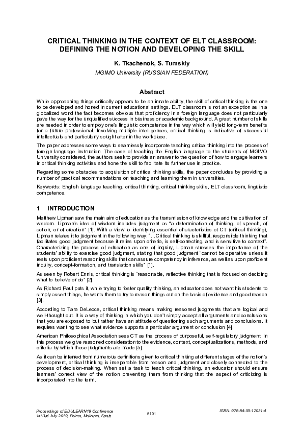 (PDF) CRITICAL THINKING IN THE CONTEXT OF ELT CLASSROOM: DEFINING THE NOTION AND DEVELOPING THE ...