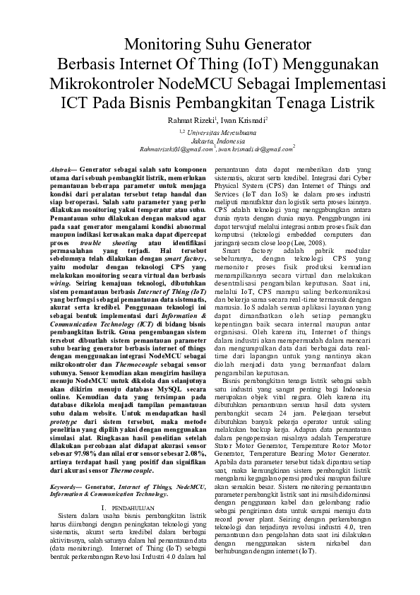 Pdf Monitoring Suhu Generator Berbasis Internet Of Thing Iot Menggunakan Mikrokontroler