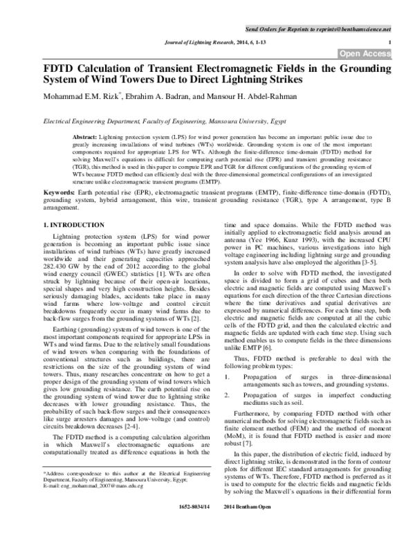 Pdf Fdtd Calculation Of Transient Electromagnetic Fields In The