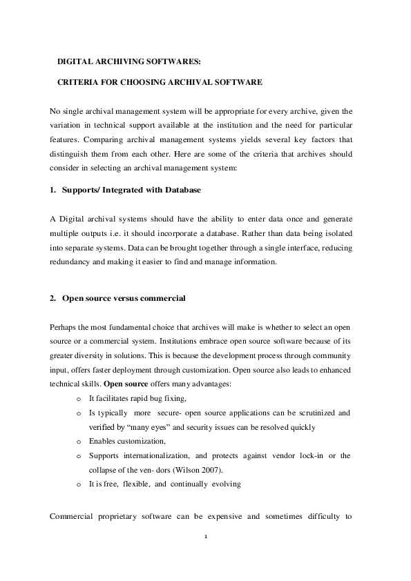 (PDF) DIGITAL ARCHIVING SOFTWARES: CRITERIA FOR CHOOSING ARCHIVAL SOFTWARE
