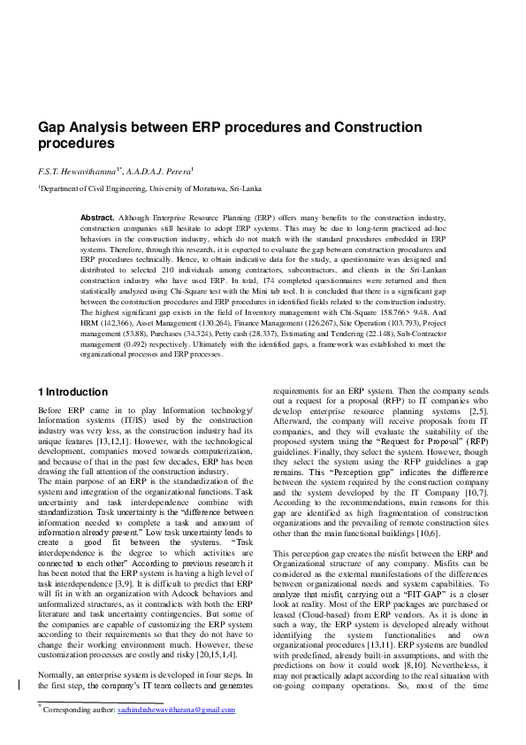 (PDF) Gap Analysis between ERP procedures and Construction procedures