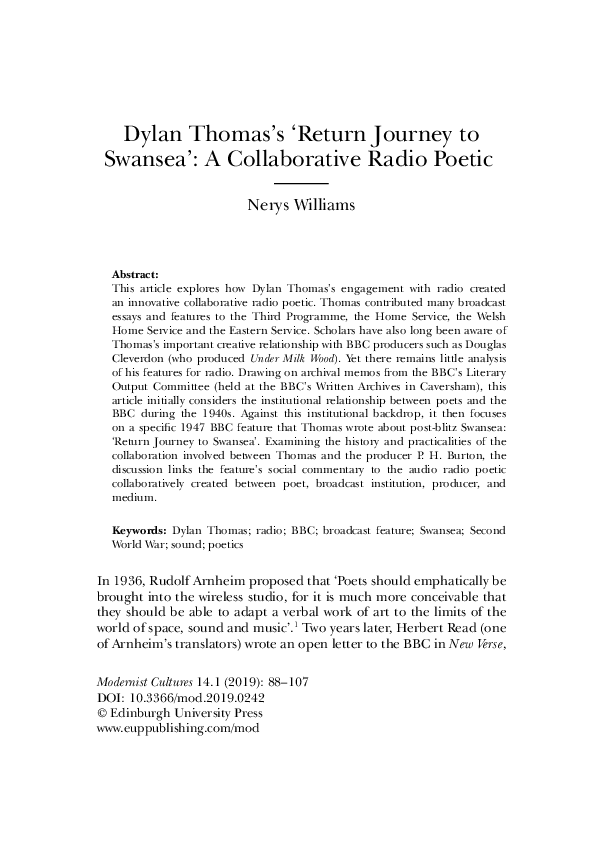 (PDF) Dylan Thomas's 'Return Journey to Swansea': A Collaborative Radio Poetic
