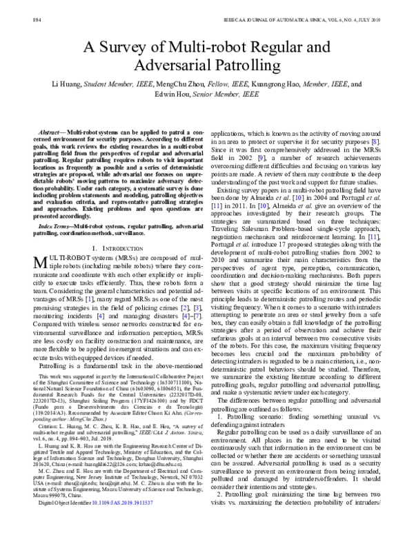 Pdf A Survey Of Multi Robot Regular And Adversarial Patrolling